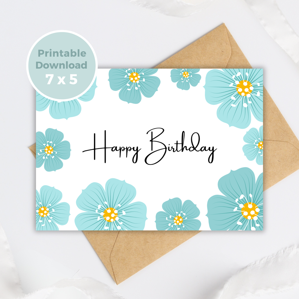 Printable Birthday Card - Blue Flower – Digital Party Club