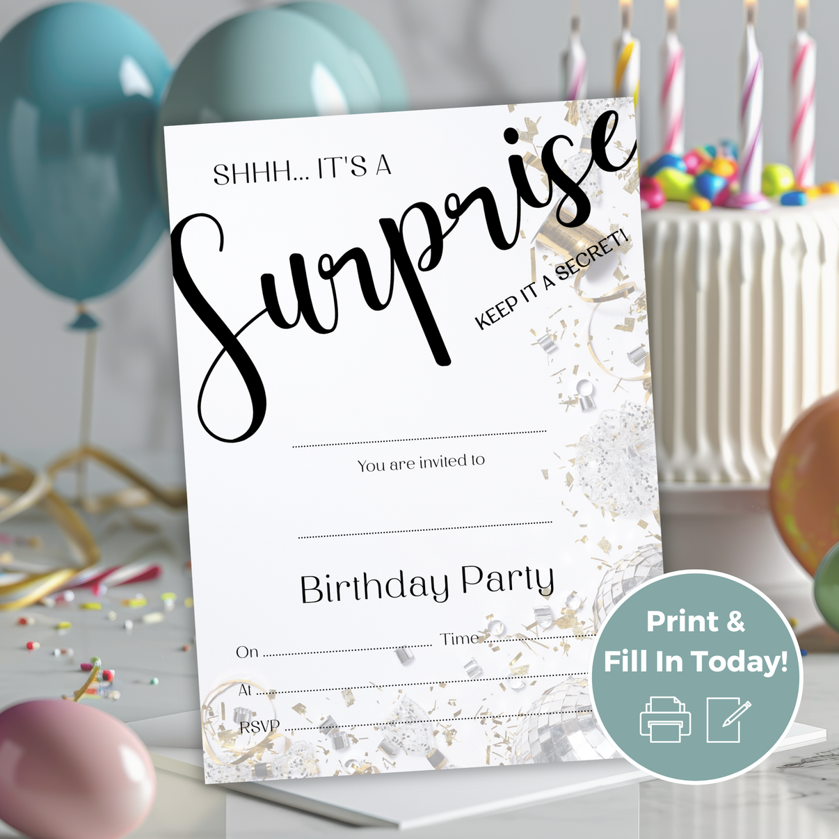 Printable Fill In Birthday Invitation - Surprise Black – Digital Party Club