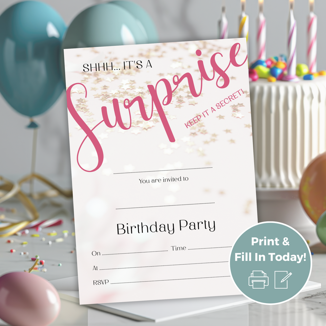 Printable Fill In Birthday Invitation - Surprise Pink – Digital Party Club